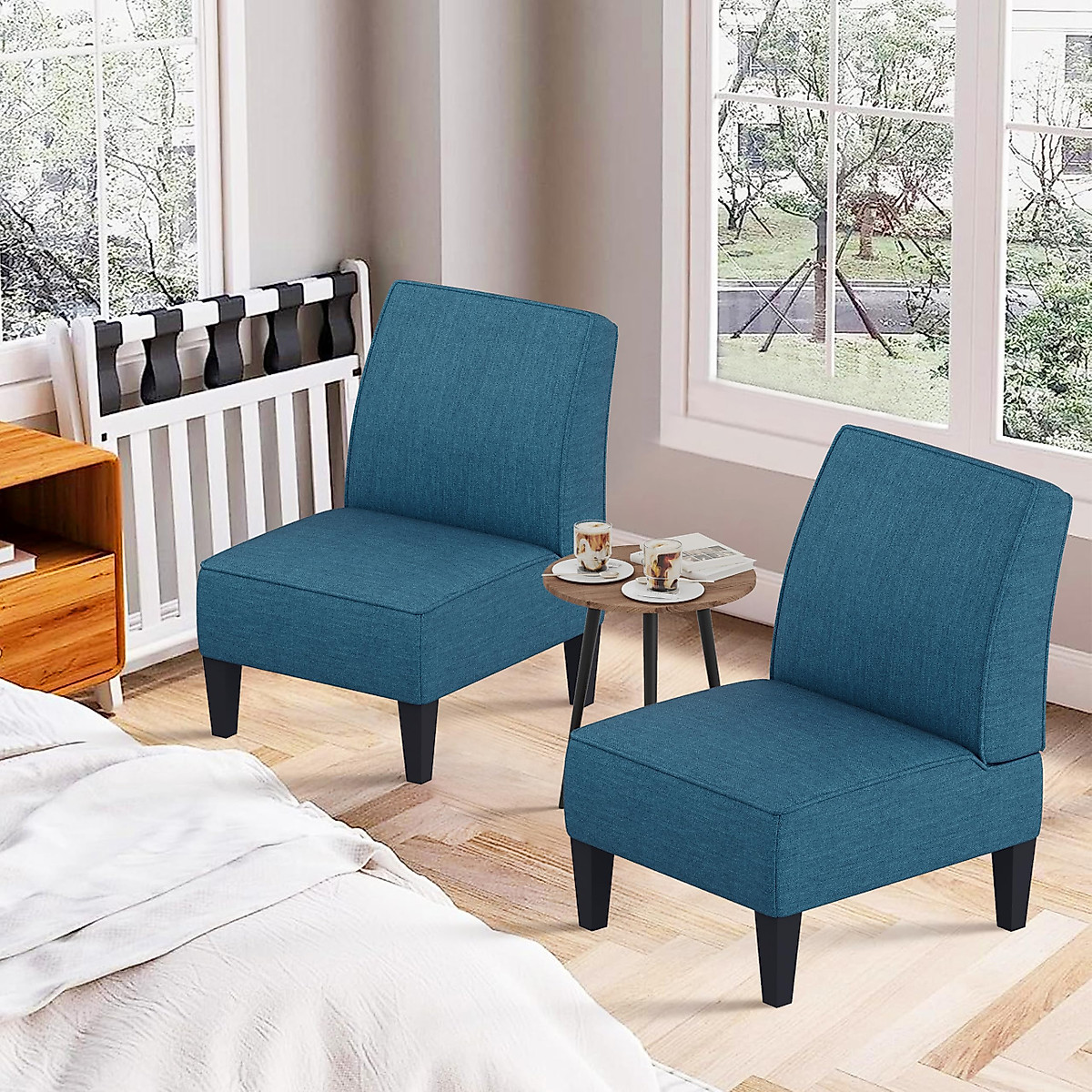 ALISH Accent Chairs Set of 2 Upholstered Living Room Chairs Armless Side Chairs Bedroom Chairs with Curved Backrest and Wooden Legs Blue