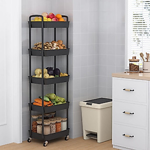 JIUYOTREE 5-Tier Rolling Storage Cart Utility Cart with Lockable Wheels for Living Room Bathroom Kitchen Office Black