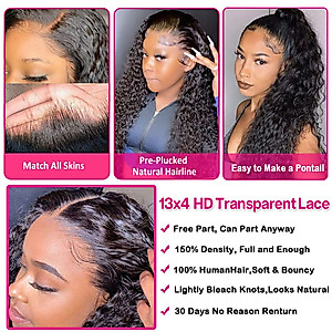 Nervoss Water Wave 13x4 HD Transparent Lace Front Wigs Human Hair Pre Plucked Deep Wave Glueless Wigs Human Hair 180% Denisty Lace Frontal Wigs Human Hair for Women Natural Black Color 22 Inch