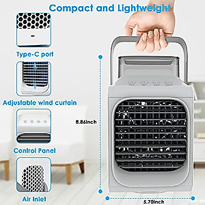 Portable Air Conditioners, Mini Air Conditioner Evaporative Air Cooler 90° Oscillating with 7 LED Lights, Rechargeable Fans for Room Office Outdoor Car Camping Tent