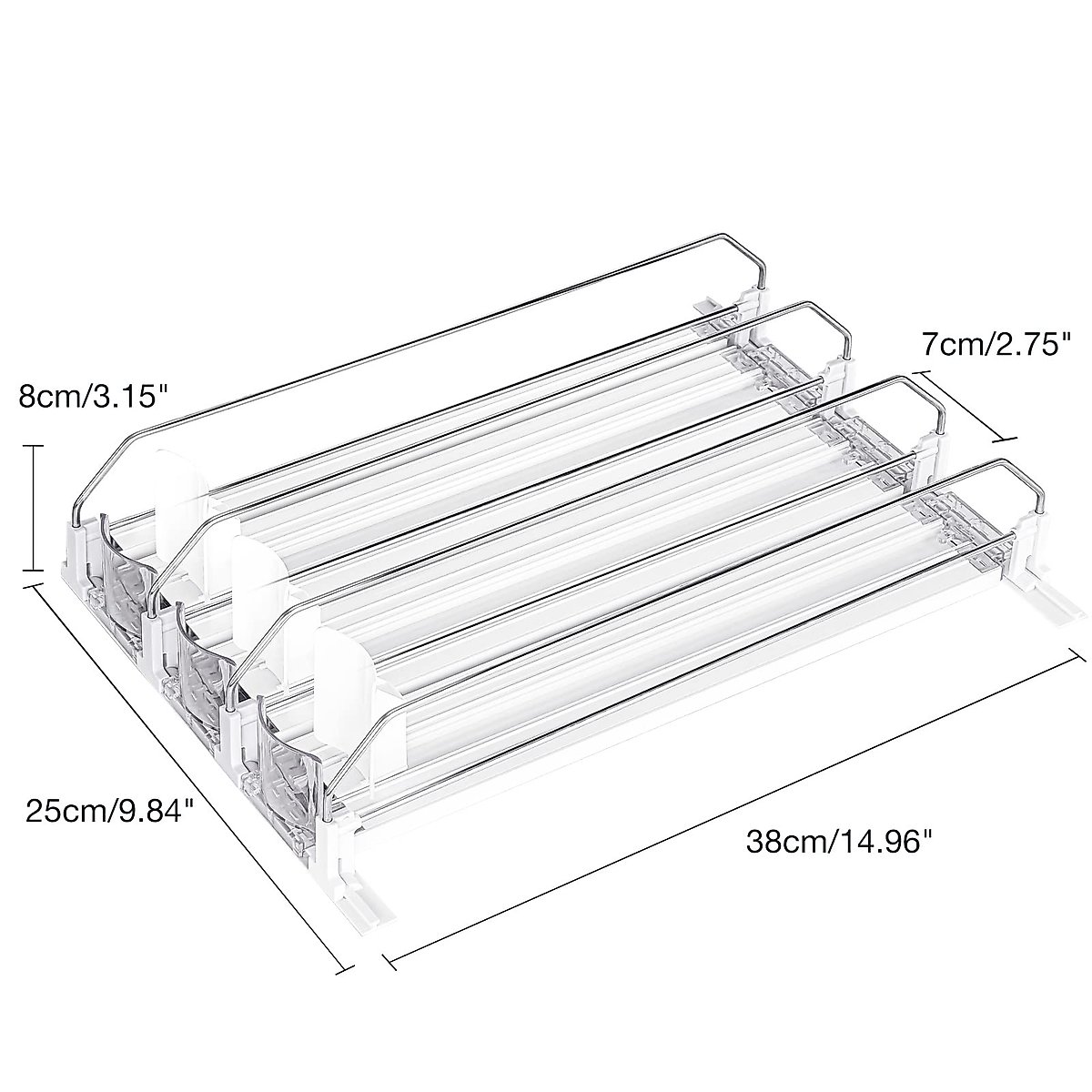Drink Organizer for Fridge, Self-Sliding Soda Can Organizer for Refrigerator and Adjustable Width, 12oz 16oz 20oz drinks can be accommodated, up to 40+ Cans（5+3 ROWS）