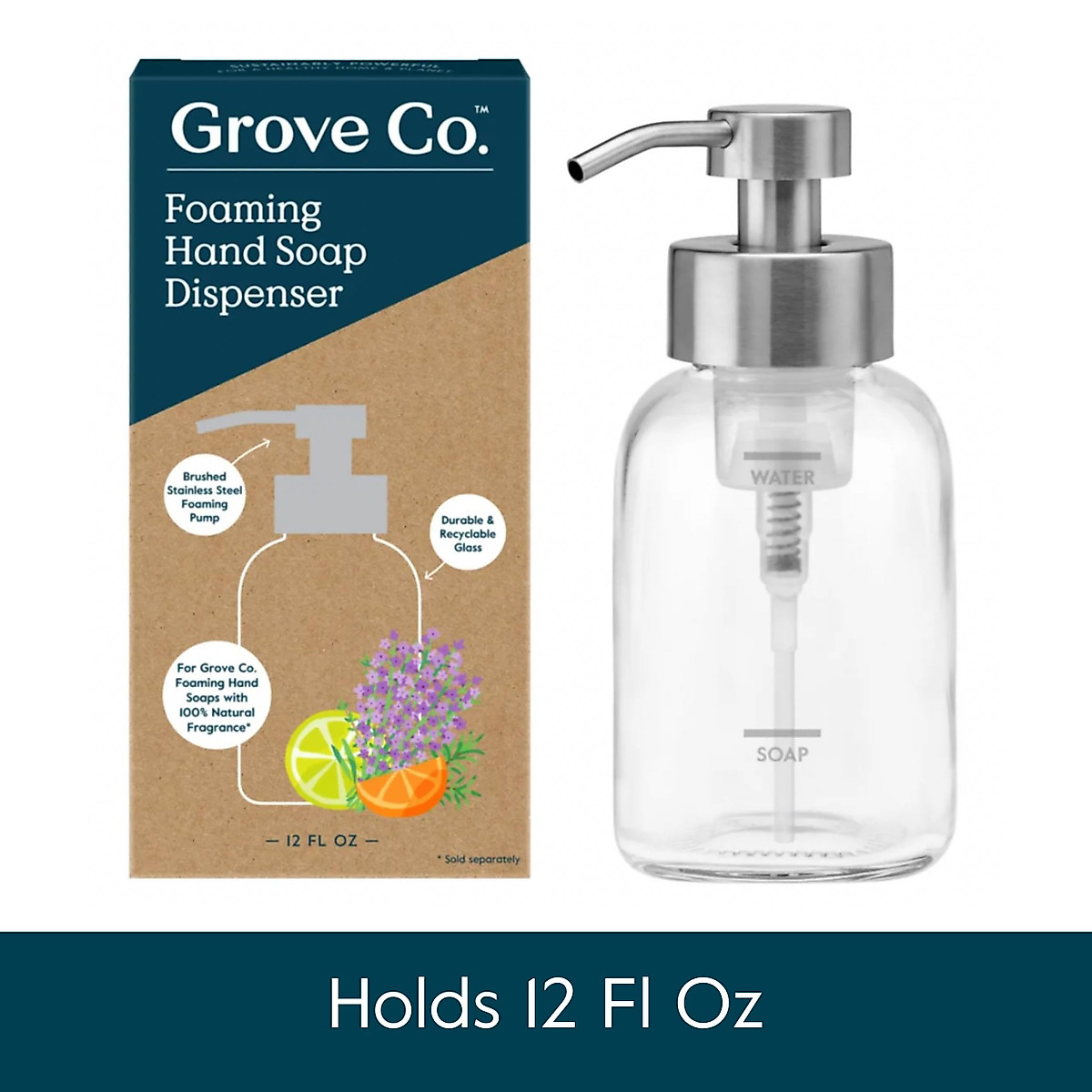 Grove Co. Foaming Soap Dispenser, 2 x Refillable Glass Bottles with Stainless Steel Pump, Reusable Liquid Hand Soap Set for Kitchen or Bathroom, Square Base, Reduce Plastic Waste