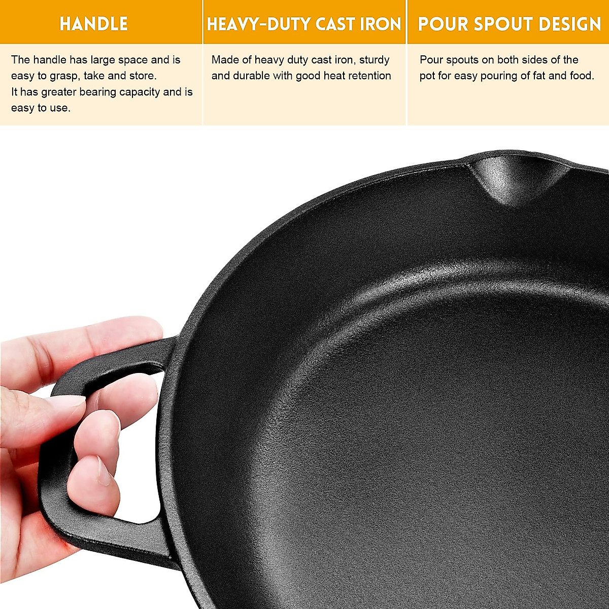 GGC Cast Iron Skillet Pan with Double Handles for Stove Tops, Oven, Grill, Smoker, Induction or Campfire, 12" Camping Skillet Pan for Indoor and Outdoor Cooking