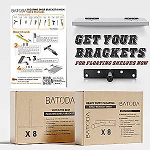 BATODA - 6" Floating Shelf Bracket Heavy Duty (8 pcs)-Solid Steel Blind Shelf Supports - Hidden Brackets for Floating Wood Shelves - Blind Shelf Support - Shelving Mounting Hardware Included (Pack 8)