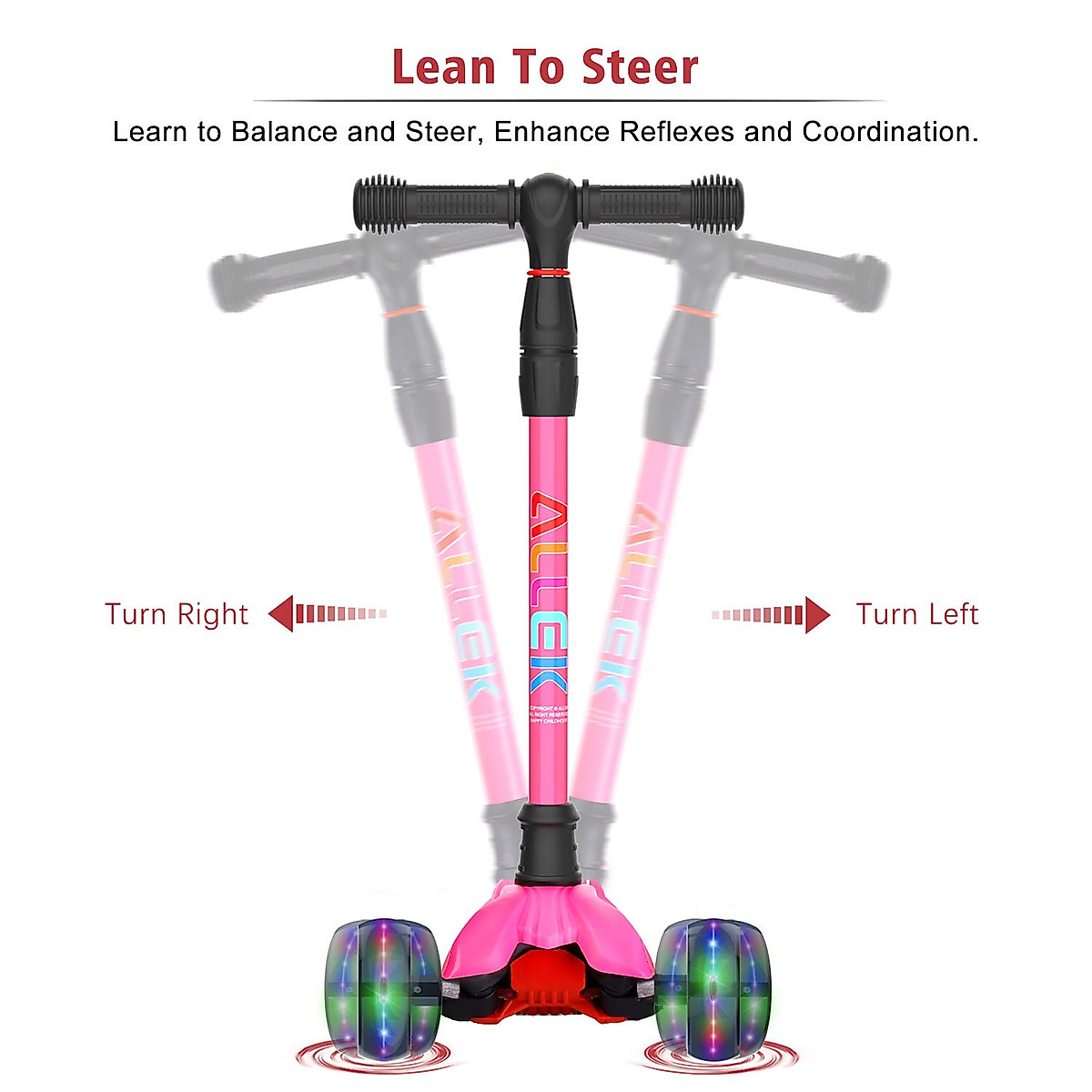 Allek Kick Scooter B02, Lean 'N Glide Scooter with Extra Wide PU Light-Up Wheels and 4 Adjustable Heights for Children from 3-12yrs (Rose Pink)