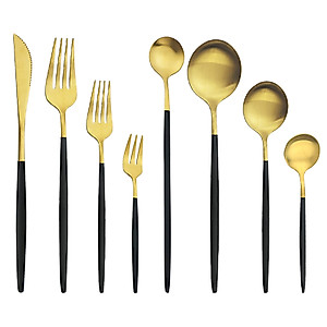 Snplowum 8-Piece Matte Black & Gold Dessert Fork, 7.48 Inch Daily Use Fork Set, Stainless Steel Fork For Dessert Appetizer Salad