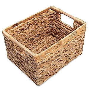 Natural Water Hyacinth storage basket with Handle, Rectangular Wicker Basket for Organizing, Decorative Wicker Storage Basket for Living Room, Medium Wicker Basket 12.2 x 8.9 x 6.9 inches