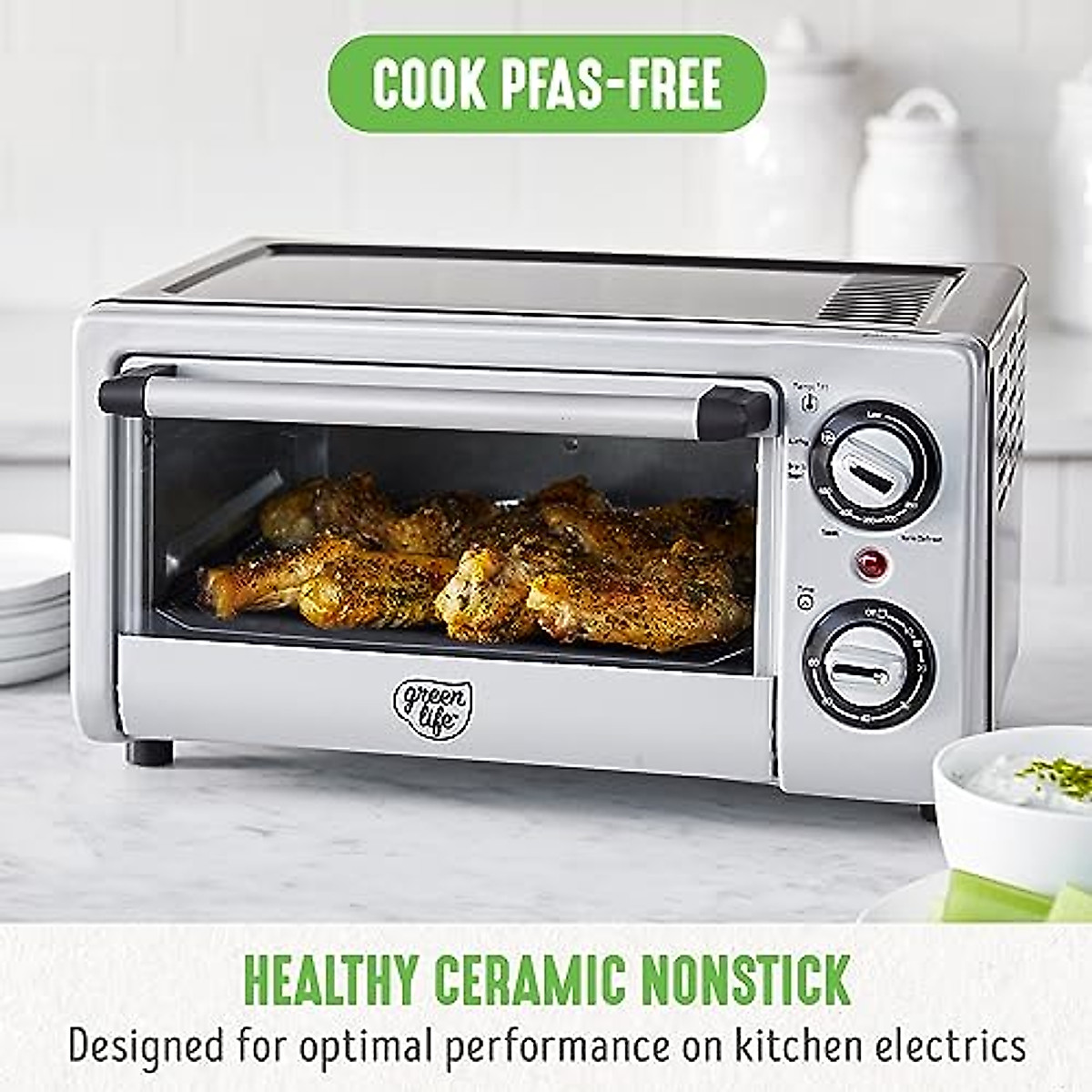 GreenLife Countertop Stainless Steel Toaster Oven Air Fryer, PFAS-Free, Ceramic Nonstick Tray Rack Airfry Basket, Dual Heating,4 Slice Capacity,Adjustable Temperature & Time Control,Black
