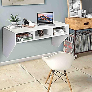 WATERJOY Wall Mounted Desk Computer Desk Floating Table, Home Office Working Desk, Wall Mounted Console Workstation Laptop PC Table with Storage Shelves White