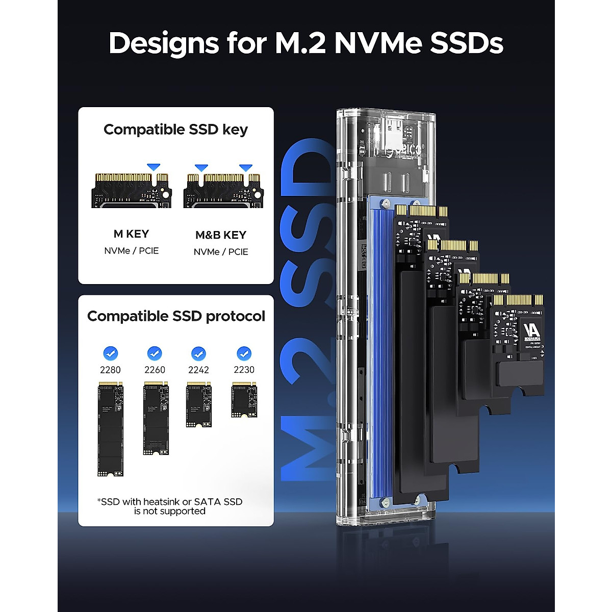 ORICO M.2 NVMe SSD Enclosure, USB 3.2 Gen 2 (10 Gbps), Transparent External Solid State Drive Adapter Enclosure for 2280 2260 2242 2230 PCI-E M2 M-Key SSD, USB Type C Converter Case-TCM2 Blue