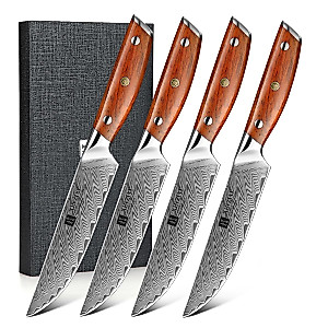XINZUO Damascus Steel 4Pcs Steak Knife Set, 5 Inch Premium Dinner Knife Set Sharp Kitchen Table Knives -Straight Edge Blade -Triple Rivet -with Gift Box -Ergonomic Rosewood Handle-Yi Series