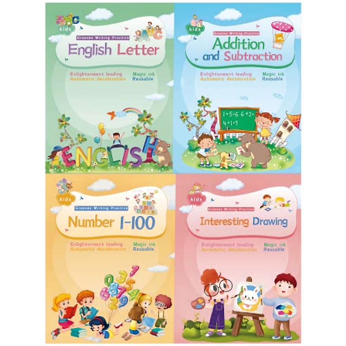 Magical Handwriting Workbooks Practice Copybook, Magic Calligraphy That Can Be Reused Handwriting Copybook Tracing Book (4books+Pens