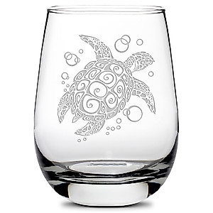 Integrity Bottles Tribal Sea Turtle Design Stemless Wine Glass, Handmade, Handblown, Hand Etched Gifts, Sand Carved, 16oz