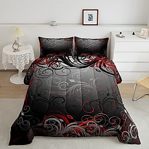 Homewish Gray Floral Swirls Comforter Set Twin Size,Gothic Leaf Bedding Set 2pcs for Kids Teens Adult Room Decor, Abstract Mystic Trippy Quilt Set Black Red Duvet Insert with 1 Pillowcase