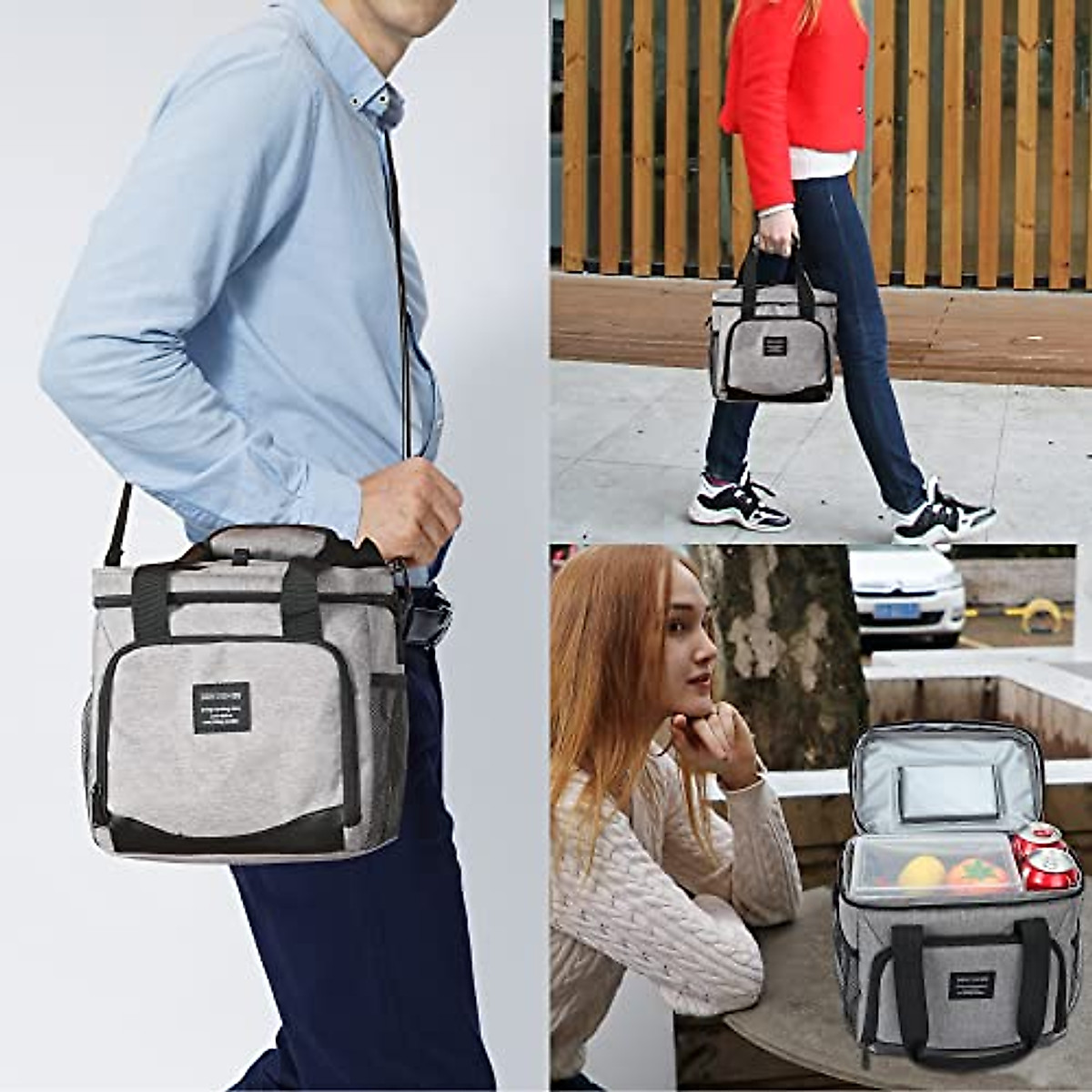 DENUONISS Insulated Lunch Bag for Women/Men Foldable Soft Lunch Cooler Bag Tote Adult Lunch Box Bag Frozen Lunch Bags Thermal Bento Bag for Work Travel Beach Camping,(12L) 16-Can, Gray