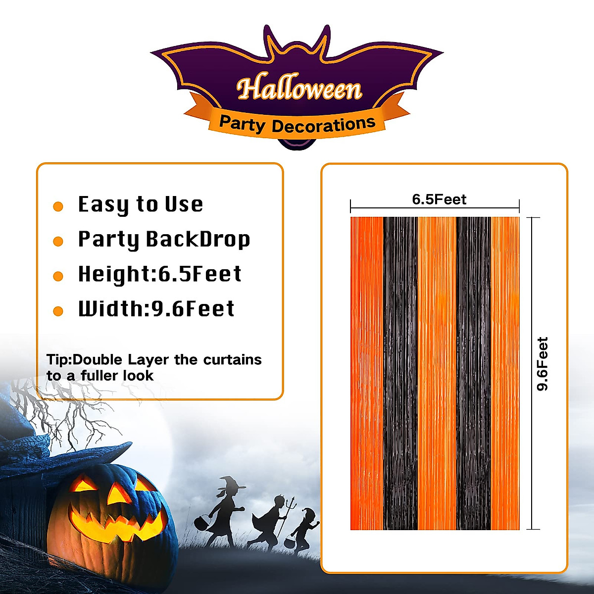 2 Pack Black and Orange Tinsel Foil Fringe Curtains, Halloween Party Photo Backdrop Streamers Backdrop for Birthday Anniversary Party Halloween Party Decoration