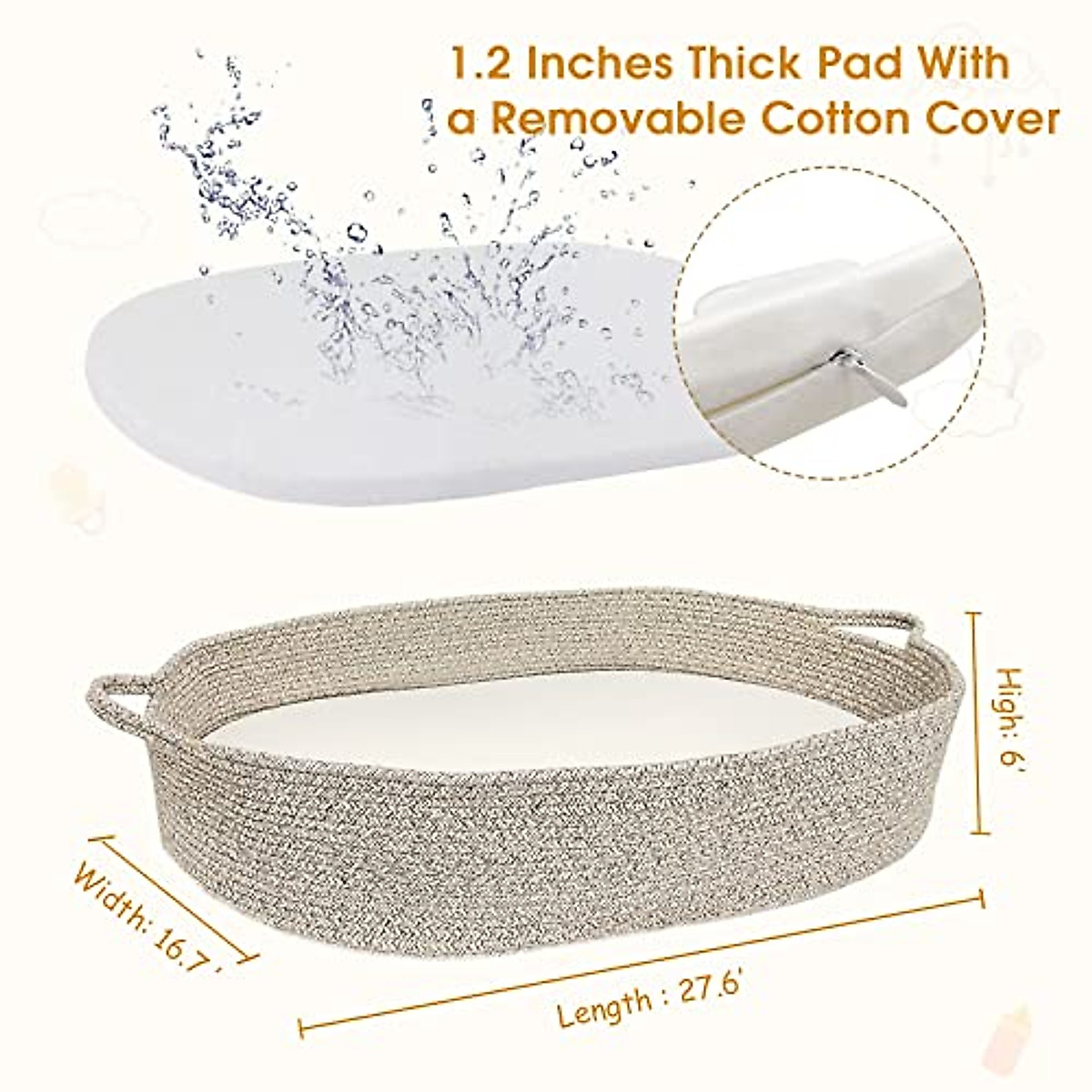 Baby Changing Basket - Thick Foam Pad with Wipeable Water-Resistant Pad Cover, Security Strap, Moses Basket Changing Table Topper Changing Pad