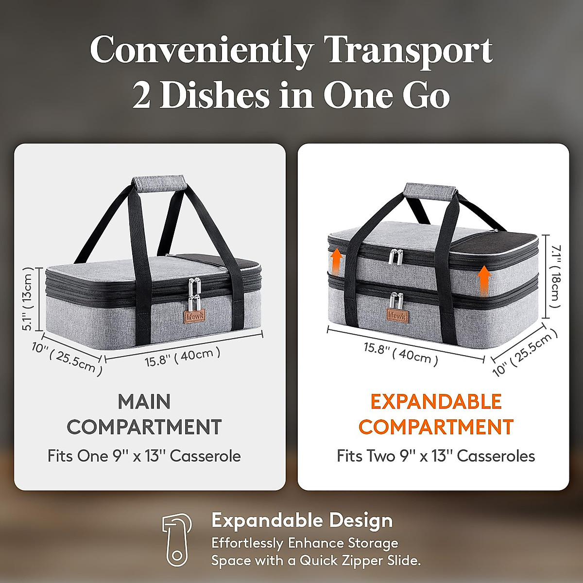 Lifewit Insulated Double Casserole Carrier Thermal Lunch Tote for Potluck Parties, Picnic, Beach, Fits 9 x 13 Inches Casserole Dish, Expandable by Mid Zipper, Grey