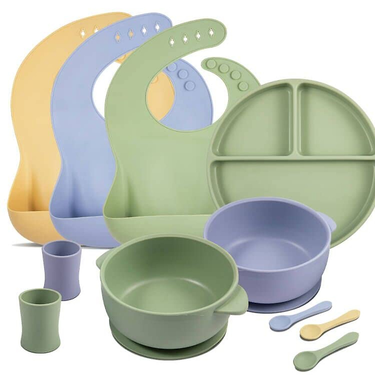 Hepotk Silicone Baby Feeding Set - 11 Pcs Baby Led Weaning Supplies - Food Grade Toddler Plates Bowls Set - Suction Bowl Divided Plate Bib Cup Spoons for Baby Kids