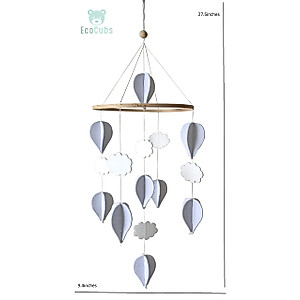 EcoCubs Handmade Baby Crib Mobile | White & Pale Grey | Hot Air Balloons & Clouds | Eco-Friendly Felt & Organic Beech Wood | Gender Neutral Nursery Decor | Simple & Modern Design