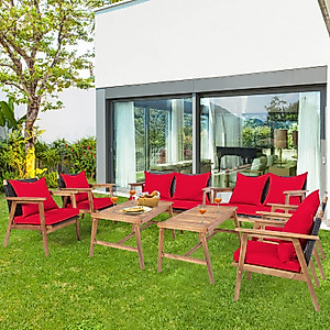 Tangkula 8-Piece Patio Furniture Set, Outdoor Acacia Wood Conversation Set with Cushions and Coffee Table, Outdoor PE Wicker Sectional Sofa Set for Garden, Poolside and Backyard (2, Red)