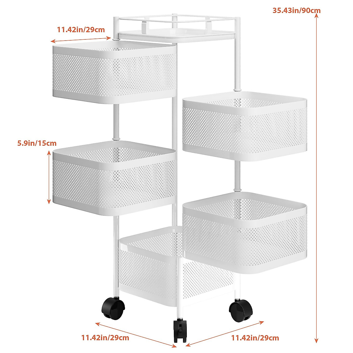 loyliawa Fruit Basket for Kitchen, Rotating Storage Rack for Kitchen, 4/5 Tier Square Rotating Basket with 360 Degree Wheels, Fruit Vegetable Metal Wire Shelf with Top Lid for Kitch White 5-Layers
