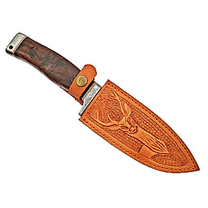 SFG - 11" Fixed Blade Hunting Knife, Damascus Steel Blade, Non-Slip Walnut Wood Handle, Lanyard Hole, Leather Pouch, Hunting, Camping, Backpacking, Fishing, Unique Gift Item For Men