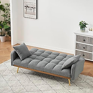 Verfur Teddy Fleece Upholstered Modern Convertible Futon Adjustable Folding Sofa Bed, Recliner Sleeper Loveseat Couch with Metal Golden Legs and Throw Pillows for Living Room, Office,Bedroom