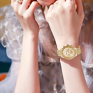 Unisex Diamond Watches Luxury Men and Women Calendar Quartz Clock Rose Gold Silver Stainless Steel Watch (Gold)