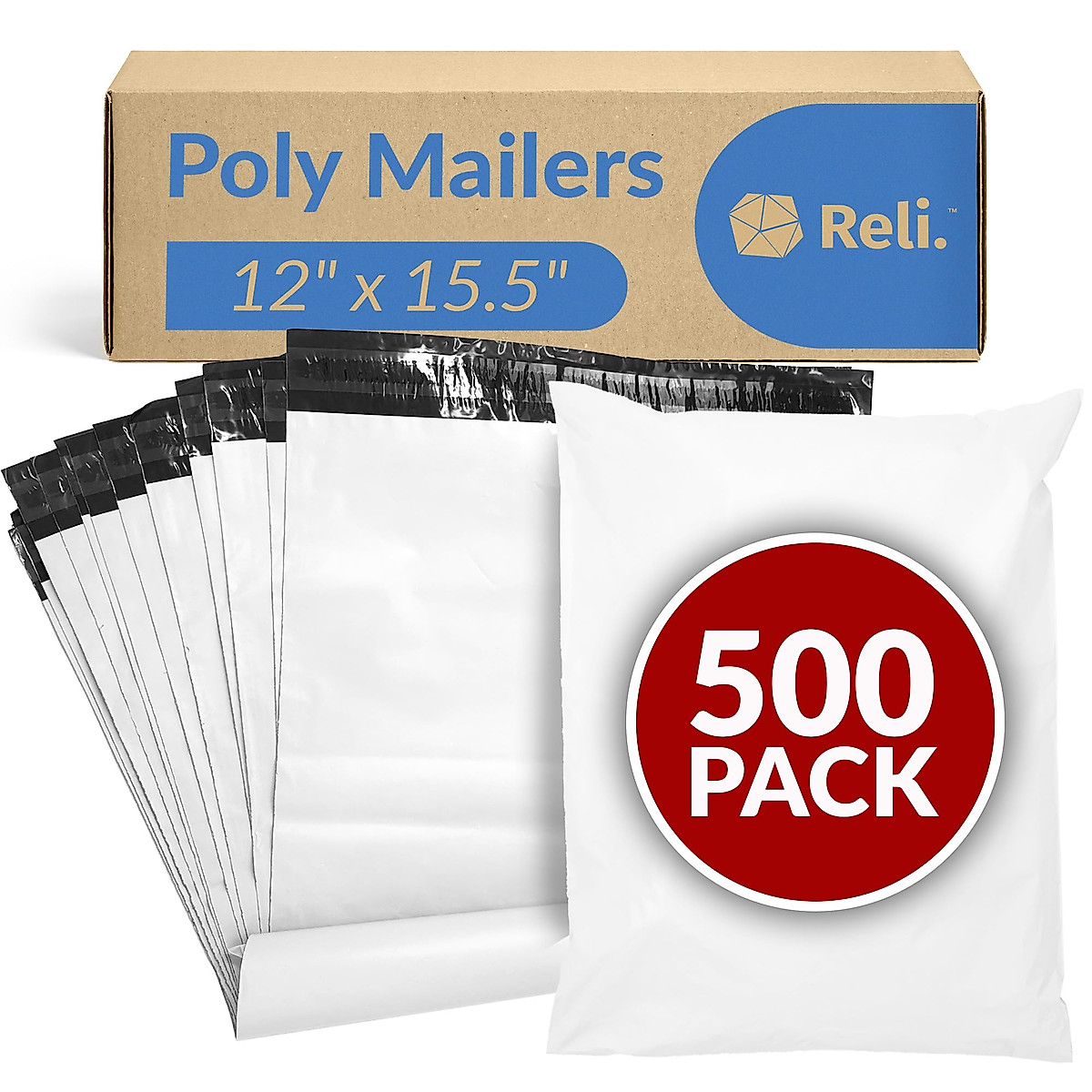 Reli. Poly Mailers 12x15.5 | 500 Pcs Bulk | Shipping Envelopes/Shipping Bags | White Packaging Bags for Shipping | Non-Padded Polymailers, Self Sealing Mailing Bags for Clothing, Bulk (White)