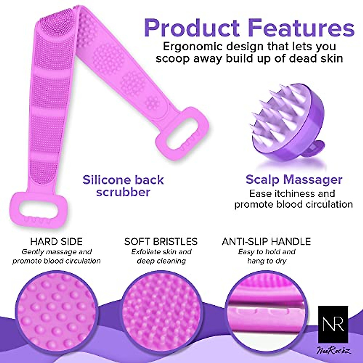 NeeRockz - Silicone Body Scrubber and Scalp Massager Set, 3-Inch Scalp Exfoliator and Dual-Sided 31.5-Inch Back Scrubber for Shower, Ergonomic Hair Massager and Bath Scrubber