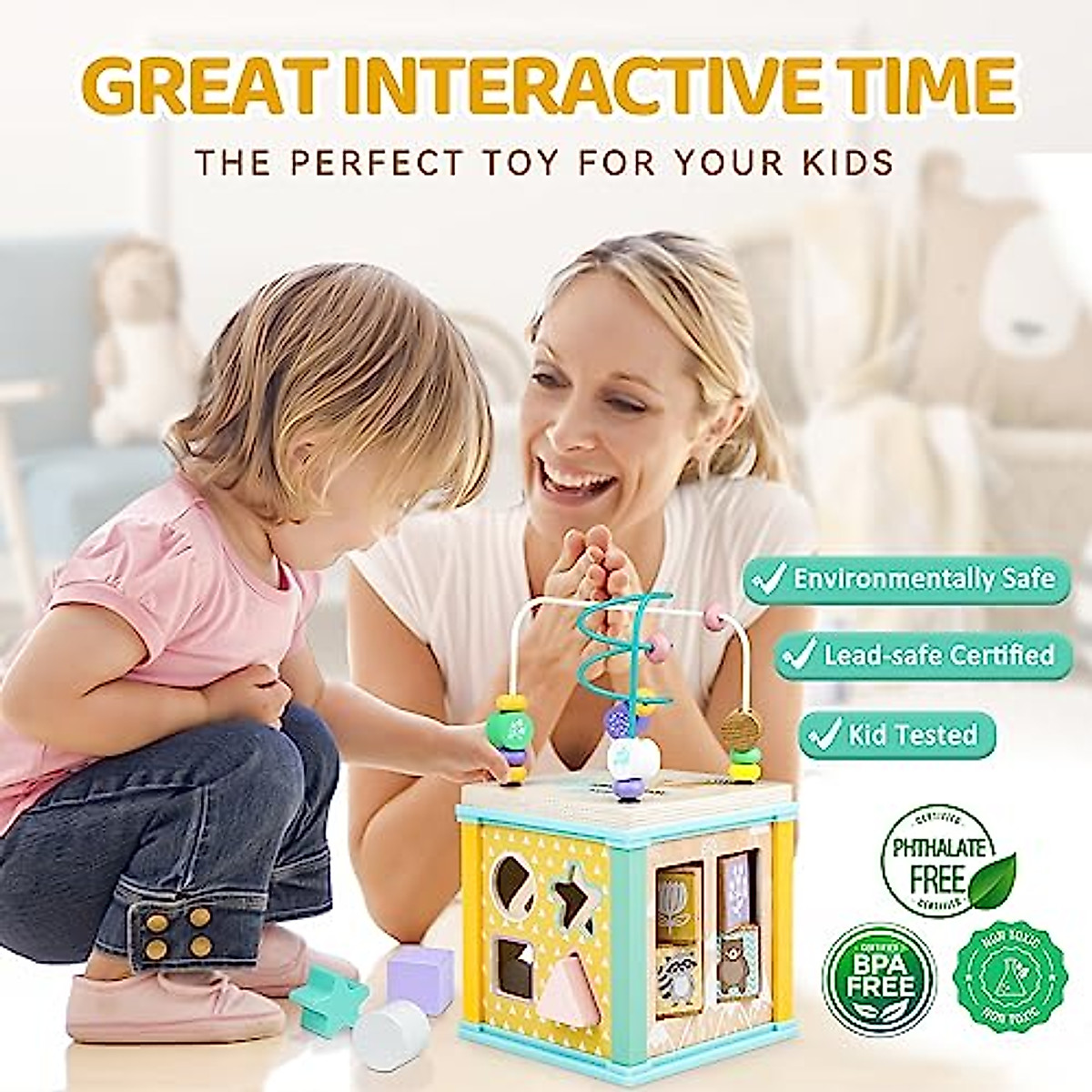 Wooden Activity Cube Montessori Toys for 18M+ Toddlers 1-3 Learning Toys for 1 + Year Old Boys Girls Baby Sensory Interactive Toys Birthday Gift