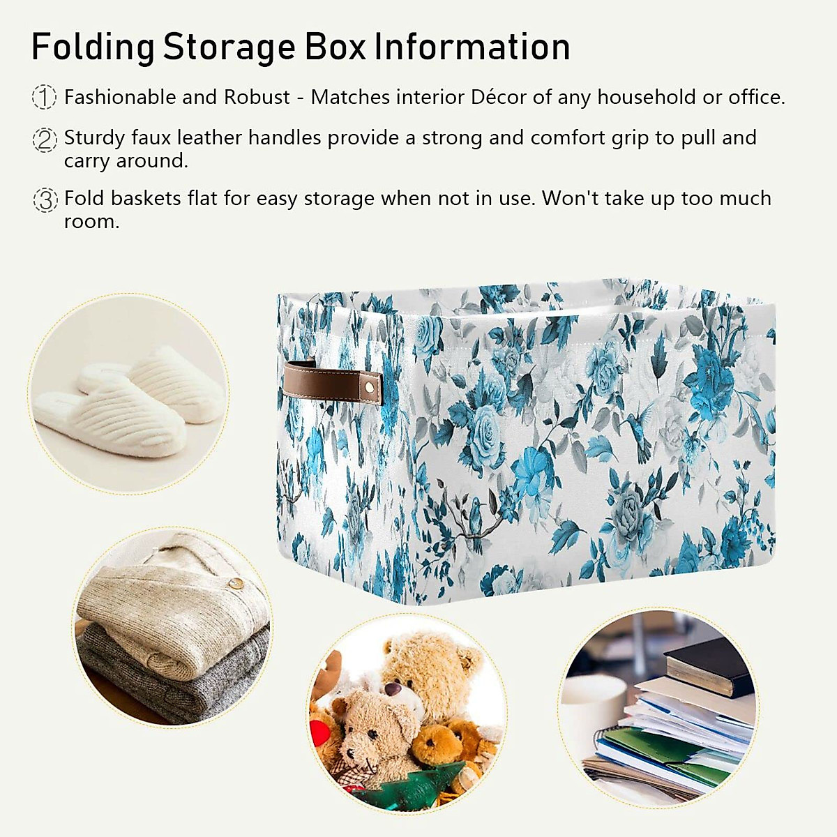 Blue Floral Leaves Hummingbird Storage Basket Spring Birds Flowers Home Storage Organizer Box Bin Large Collapsible Cube Baskets with PU Handles for Shelf Closet Nursery Laundry 2 Pack
