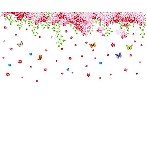 RW-239 Pink Flowers Wall Decals 3D Warm Peach Blossom Wall Stickers DIY Removable Butterfly Cherry Floral Green Tree Leaf Wall Art Decor for Kids Girls Bedroom Living Room Nursery Decoration