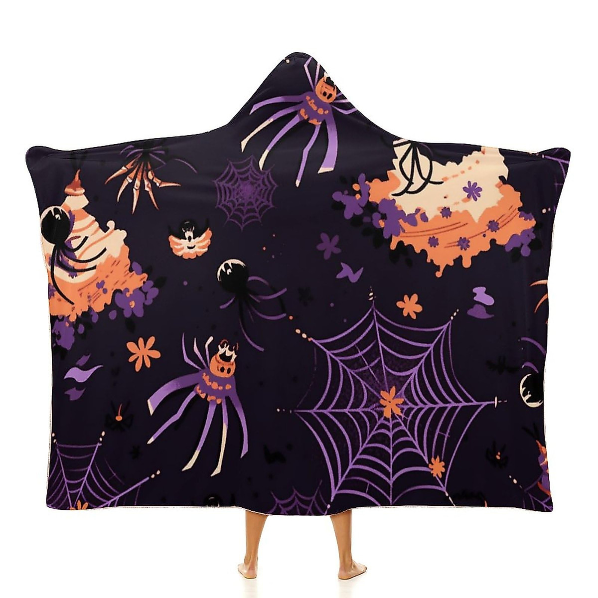 Seamless Pattern Halloween Spider Web Purple Hooded Blanket Happy Halloween Big Hug Fleece Hooded Blanket for Women Men Soft Cozy Blanket Snuggling Sofa Bedding 40"x50" Spring Summer Blanket Hoodie