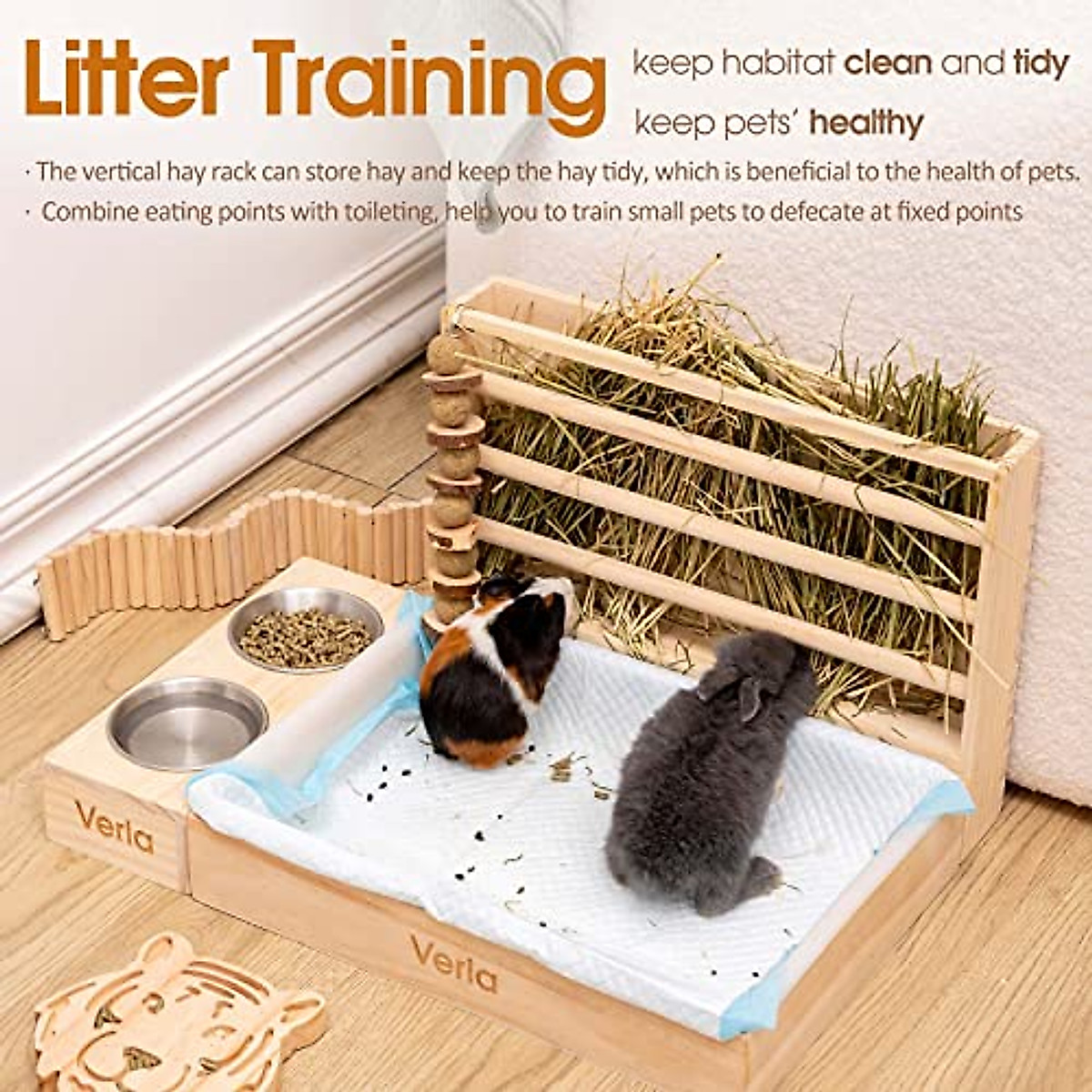 Rabbit Hay Feeder with Litter Box and Bowls, 3 in 1 Wooden Feeder Toilet Combo Feeding Manger for Small Pets Guinea Pig Bunny Hamster, Hay Rack Litter Pan Bowls Stand Plastic Box 2 Bowls, Kiln-Dried
