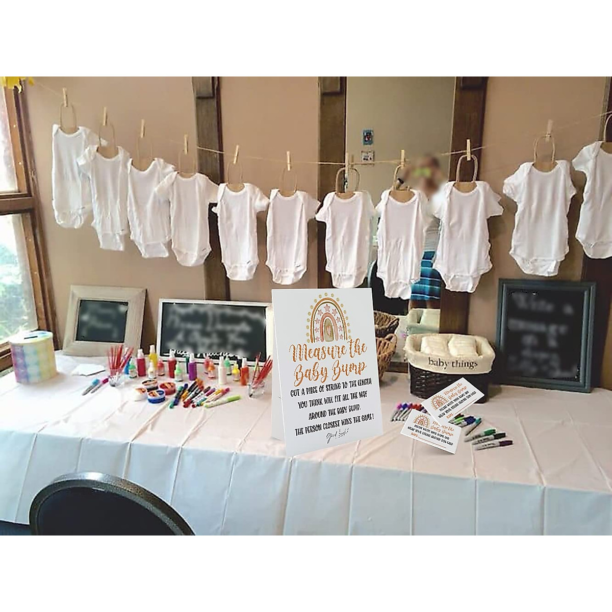 How Big is Mommys Belly Game, Measure Mommy's Belly Sign(Sign 8x10 Inch), Boho Rainbow Theme Baby Shower Games, Baby Showers Decorations, 1 Standing Sign + 50 Guessing Cards(bump58)