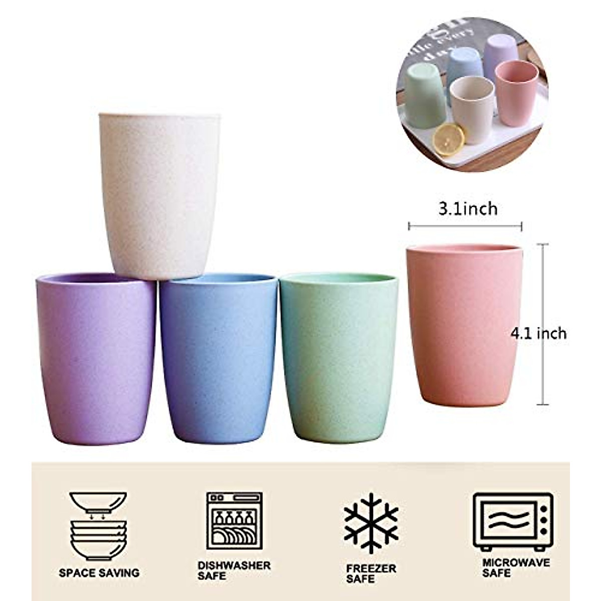 Choary Eco-friendly Unbreakable Reusable Drinking Cup for Adult(12 OZ), Wheat Straw Glasses Healthy Tumbler Set 5-Multicolor, Dishwasher Safe