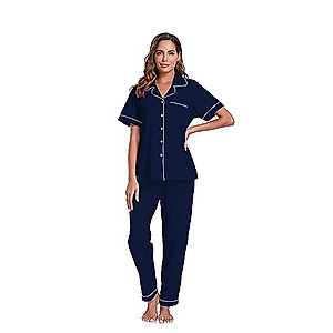 COLORFULLEAF Women's 100% Cotton Pajama Set Summer Button Down Short Sleeve Shirt and Long Pants Sleepwear Soft Lounge Sets(Navy Blue, L)