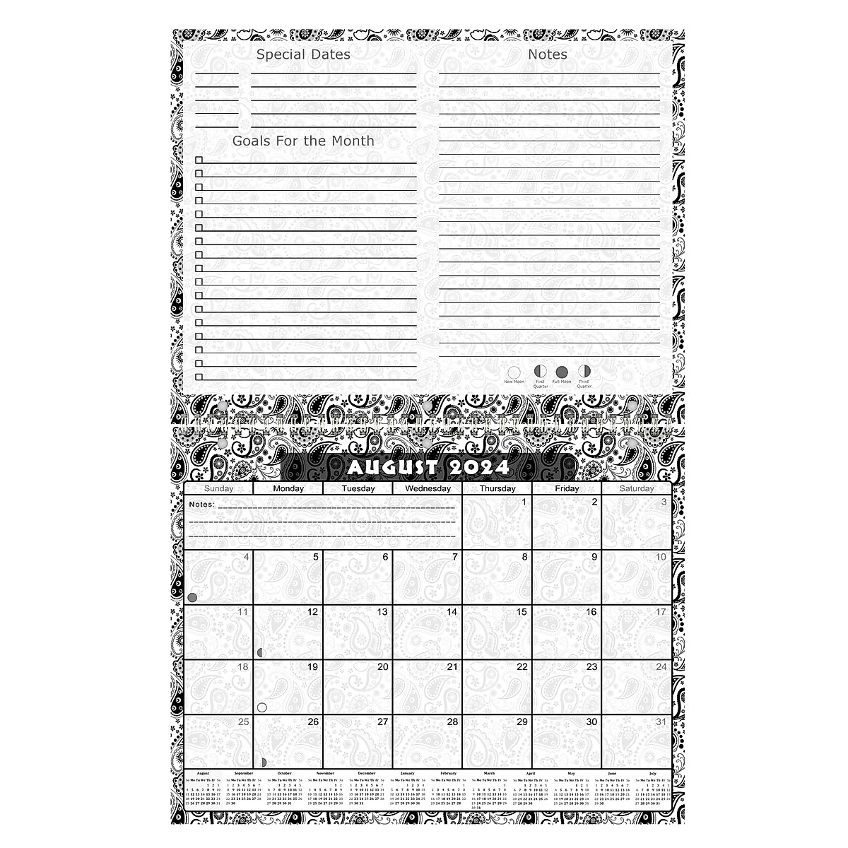 2024-2025 Academic Year 12 Months Student Calendar/Planner for Wall & Desk & 3-Ring Binder, for School, Teacher, Student (Black&White Paisley Edition #010)