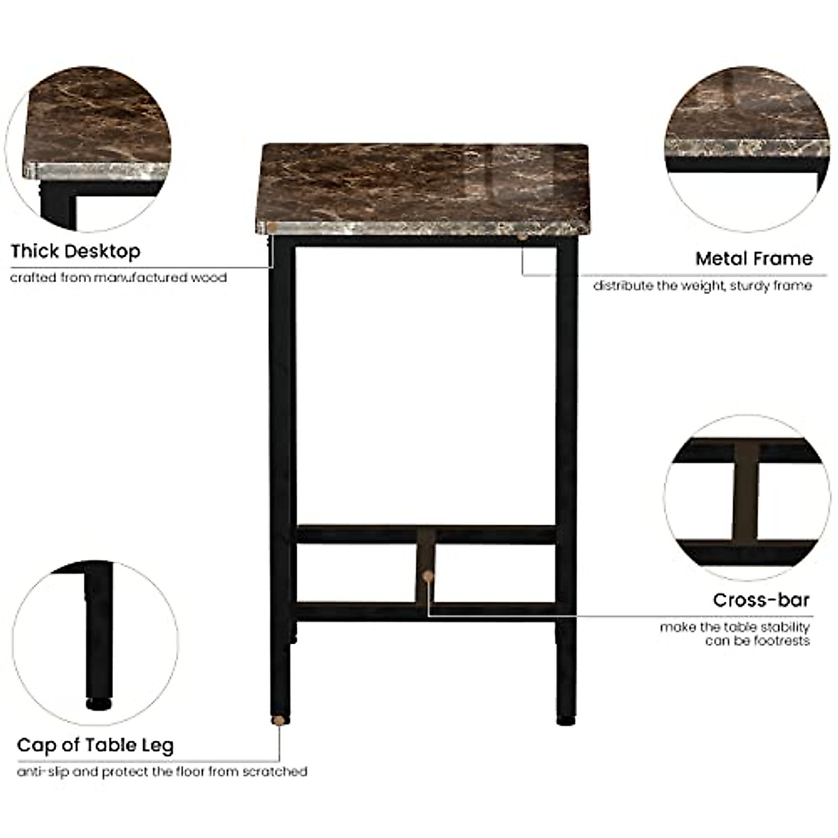 AWQM 3-Piece Dining Table and Chairs for Apartment, Bar Set with 1 Square Table and 2 Round Stools, Kitchen Table Set for 2, Breakfast Table with Footrest for Restaurant, Dinette, Studio (Dark Brown)