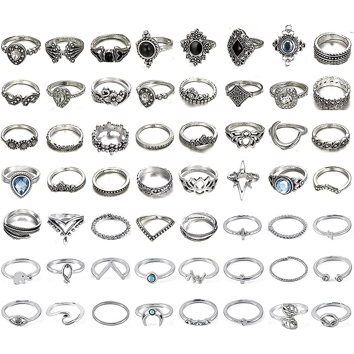 lisafinding 56pcs Vintage Silver Knuckle Rings Set Stackable Finger Rings Rings for Women Bohemian Hollow Carved Flowers Rings Fashion Finger Knuckle Rings