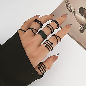Black Rings for Women, Vintage Stackable Black Knuckle Rings Set Women Midi Rings Boho Crystal Pearl Sea Wave Finger Ring Pack (E-black-9pcs)