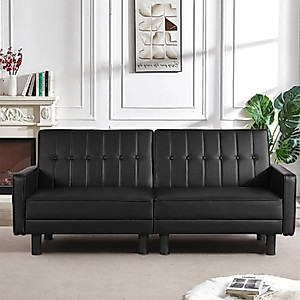 Oprisen 72” Sleeper Futon Sofa Chair Faux Leather Convertible Loveseat Sofa Bed Mid-Century Modern Sofa Tufted Couch for Office/Livingroom/Small Space w/Adjust Backrest/Side Pockets (Black, 2-Seater)
