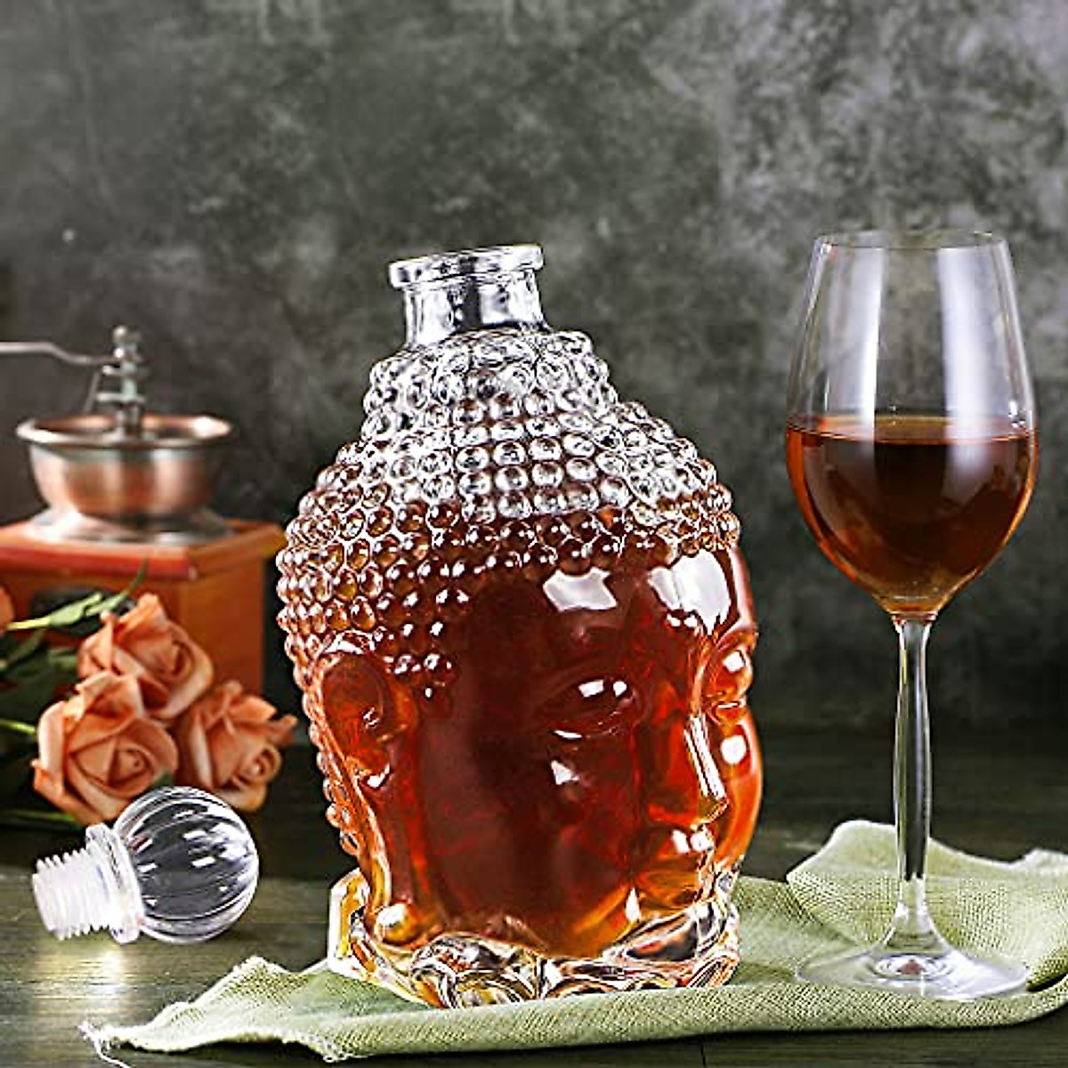 MOLIGOU Glass Decanter with Airtight Stopper, Liquor Decanter with Unique Buddha Shaped Design, Decanter Bottle for Whiskey, Brandy, Vodka, 25oz/750ml