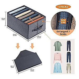 BIGLUFU 6 Packs Wardrobe Clothes Organizer for Folded Clothes, 7 Grids Foldable Dresser Closet Organizers and Storage, Drawer Organizers for Clothing with Handles for Jeans, Sweater, Dress, Grey