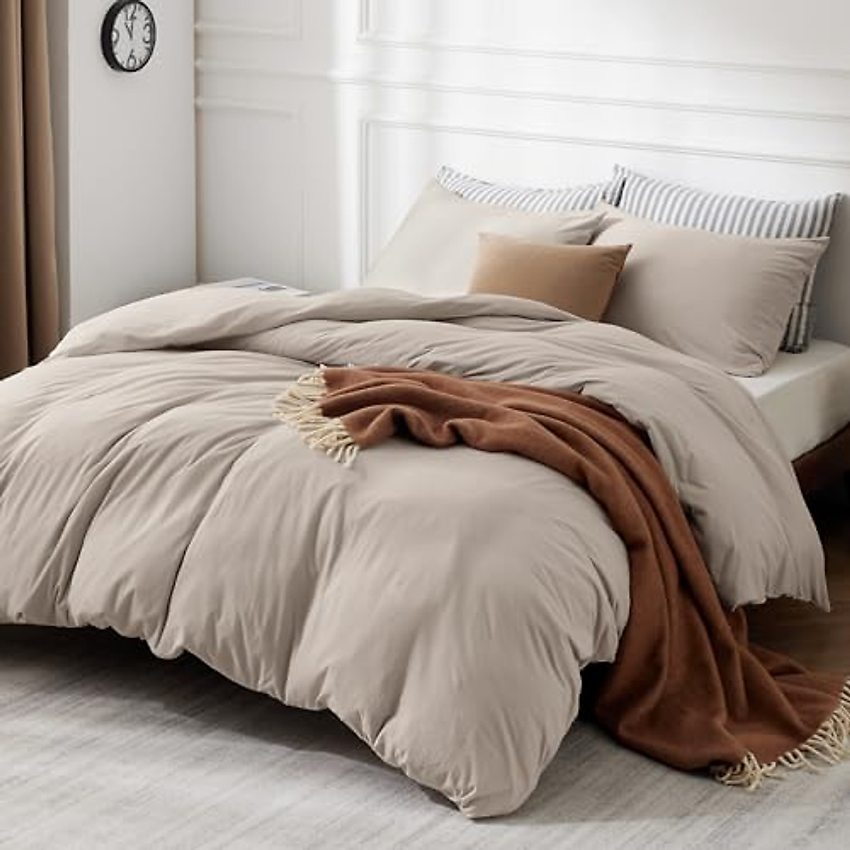 Bedsure 100% Jersey Knit Cotton Duvet Cover Queen Size - Ultra Soft T-Shirt Cotton Bedding Set, Includes 1 Duvet Cover 90x90 Inches with Zipper Closure & 2 Pillowcases (Tannish Linen)