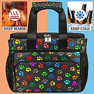 Insulated Lunch Bag, Colorful Dog Paw Print Reusable Lunch Box Leakproof Cooler Tote Bag Large Lunchbox Freezable Lunch Bag with Adjustable Shoulder Strap for Women Men Picnic Work Beach