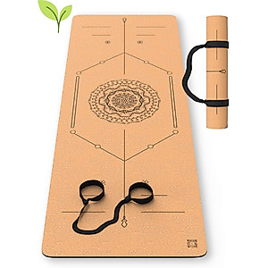Natural Cork Yoga Mat 5.5mm thick Nonslip Hot Yoga Pilates with Carrying Strap and Lightweight - for hot Yoga and Outdoor or Indoor Yoga - brown chakra wheel design with alignment marks arc lines