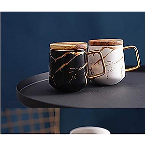 Classic Ceramic Kintsugi Style Black Coffee Tea Mug with Gold Inlay, Spoon and Bamboo Lid- 12 OZ, Large Mugs for Men and Women, Unique Design, Perfect Novelty Gift- Dishwasher Safe